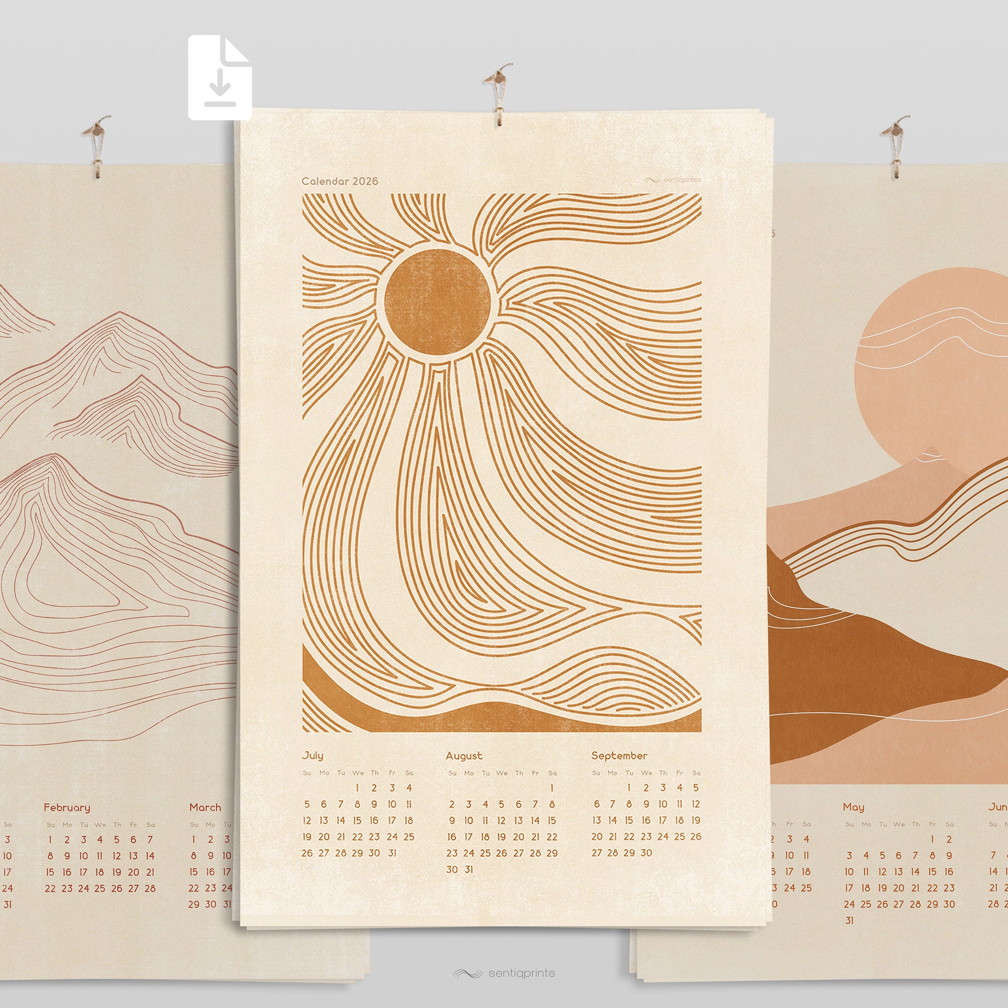 Boho printable wall calendar 2026 Abstract terracotta and beige lines ...