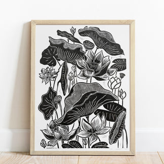 Green lotus flower Linocut print Wall hanging art decor for Nature lov ...