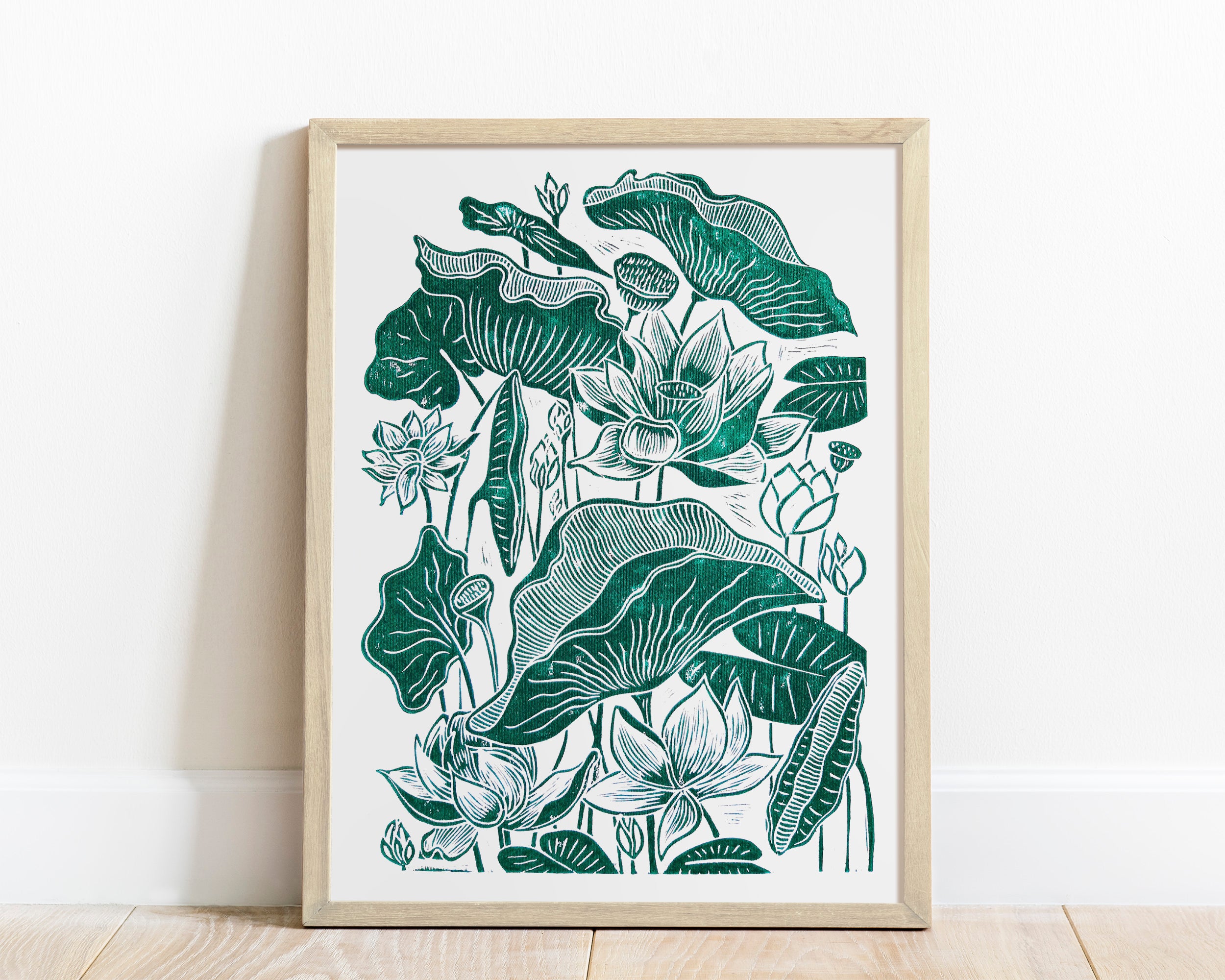 Green lotus flower Linocut print for Nature lover gift UNFRAMED – daashart