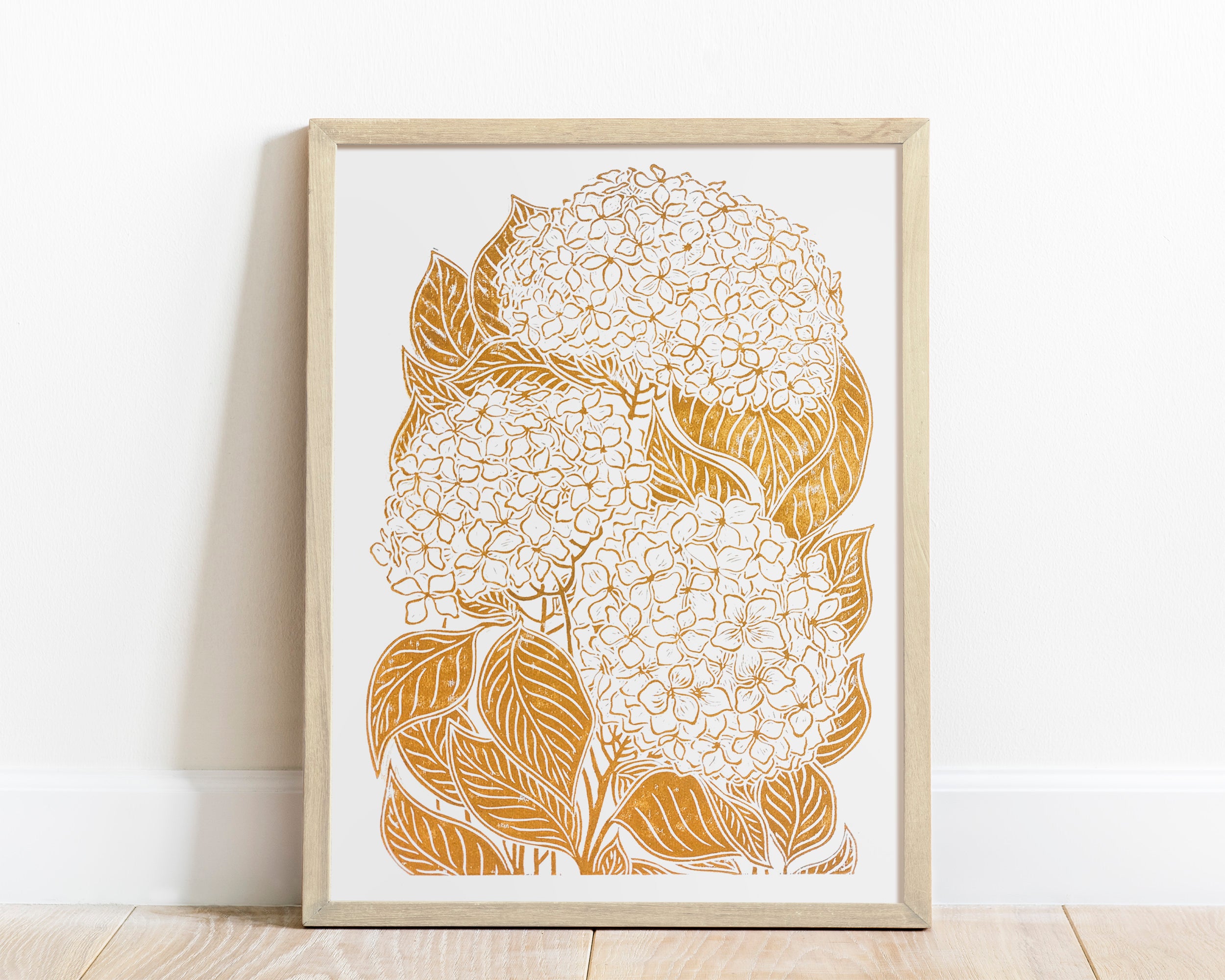 Ochre hydrangea flowers Linocut print for Nature lover gift UNFRAMED ...